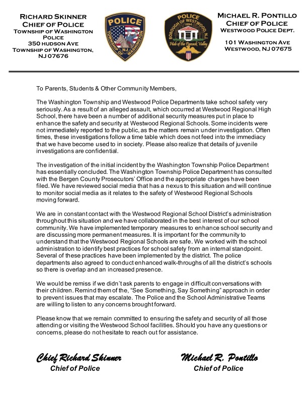 Letter from Chief Richard Skinner and Chief Michael Pontillo to Parents ...